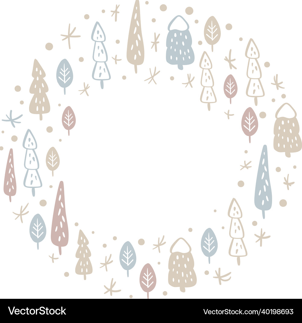 Round christmas frame with doodle forest and place