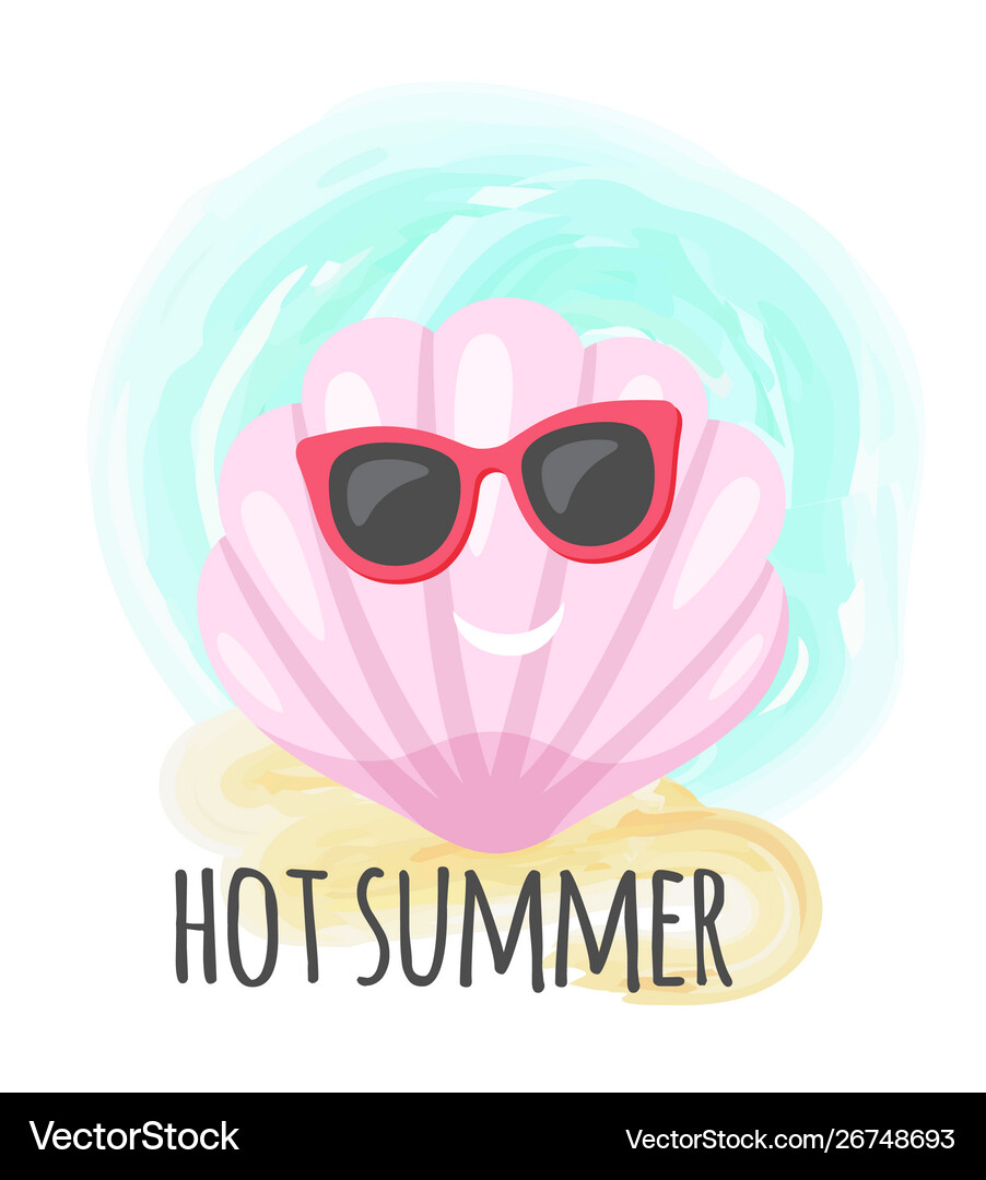 Smiling shell in glasses hot summer card Vector Image