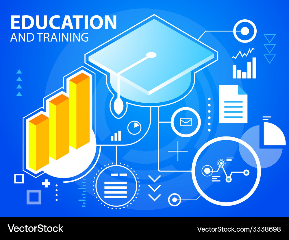 Bright graduate cap and bar chart on blue ba Vector Image