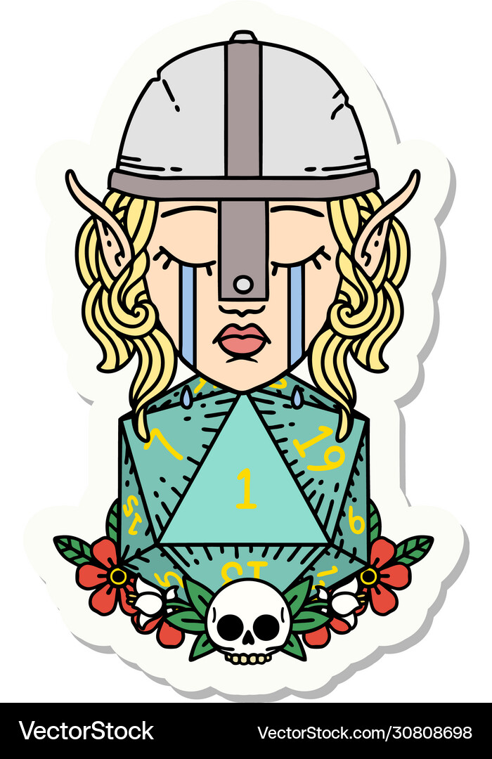Sad elf fighter character with natural one d20 Vector Image