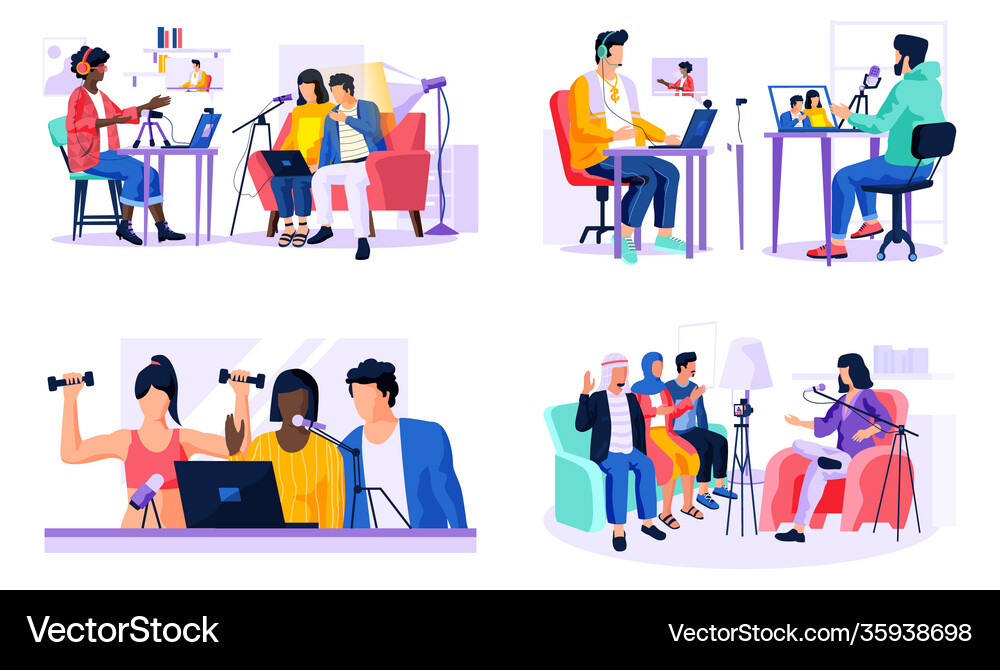 Set four scenes about people recording video Vector Image