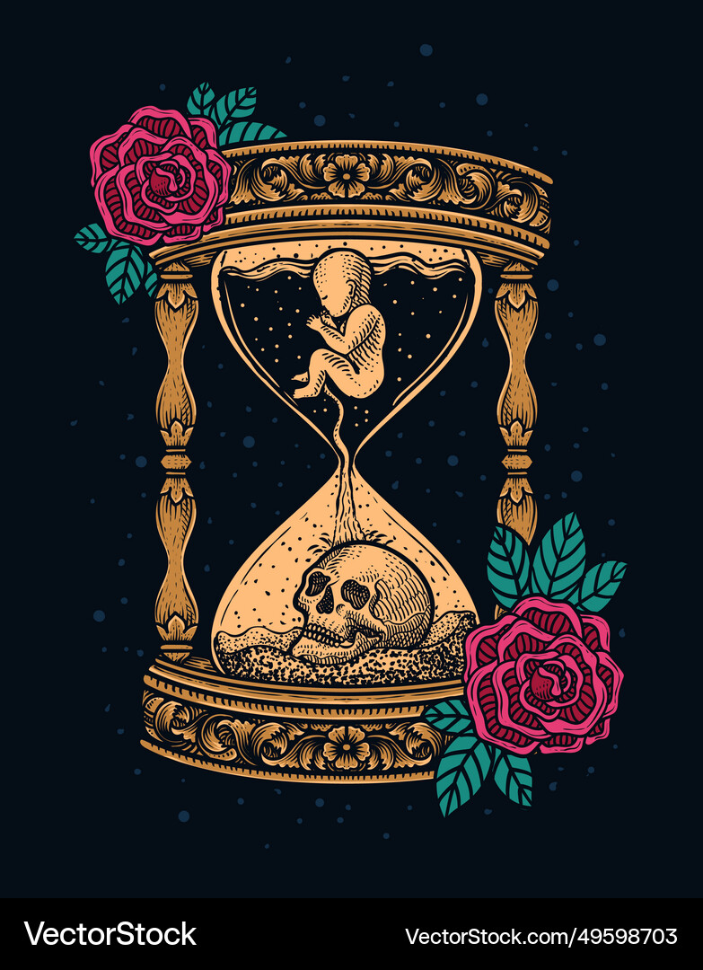 Antique hourglass with rose flower Royalty Free Vector Image