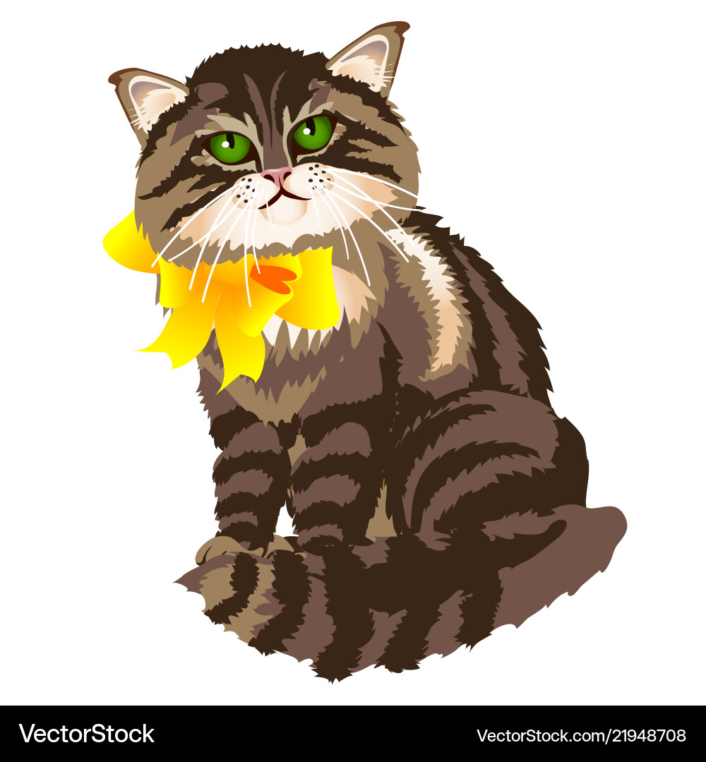 Cute fluffy tabby cat with yellow ribbon bow Vector Image