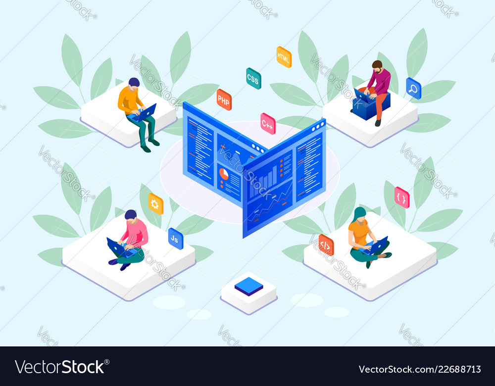 Isometric programmer coding new project web Vector Image Isometric programmer coding new project web Vector Image