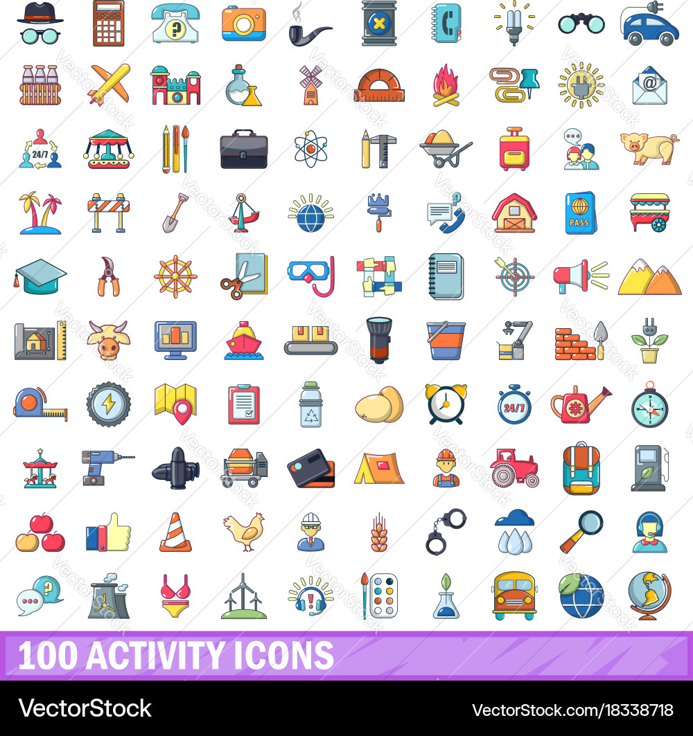 100 activity icons set cartoon style Royalty Free Vector