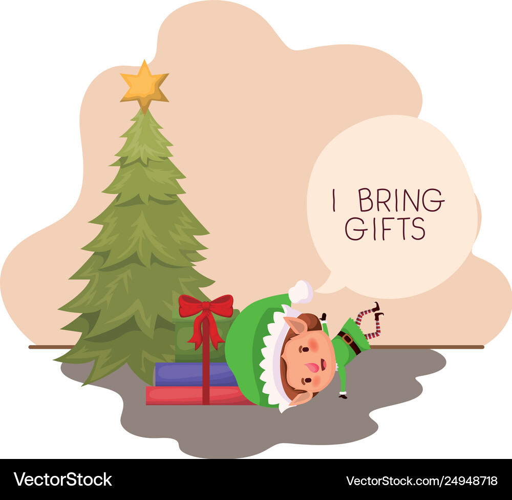 Elf with christmas tree and gifts Royalty Free Vector Image