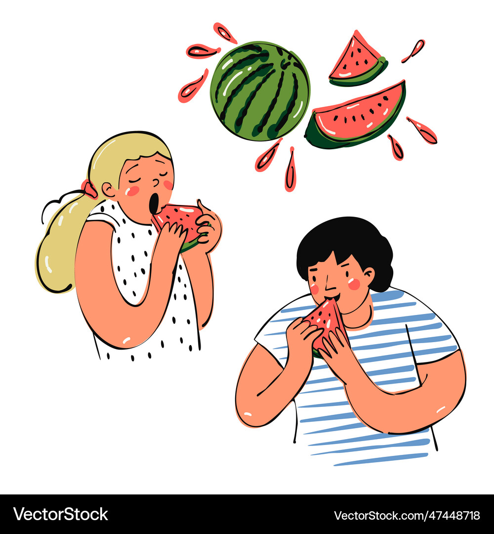 People eat watermelon in doodle Royalty Free Vector Image
