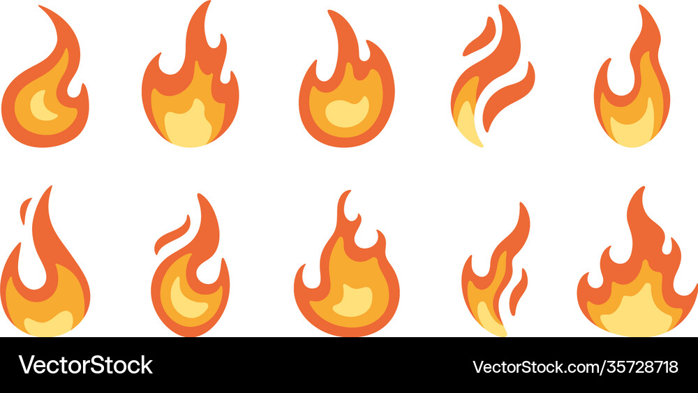 Set bright burning flame and bonfire icons Vector Image