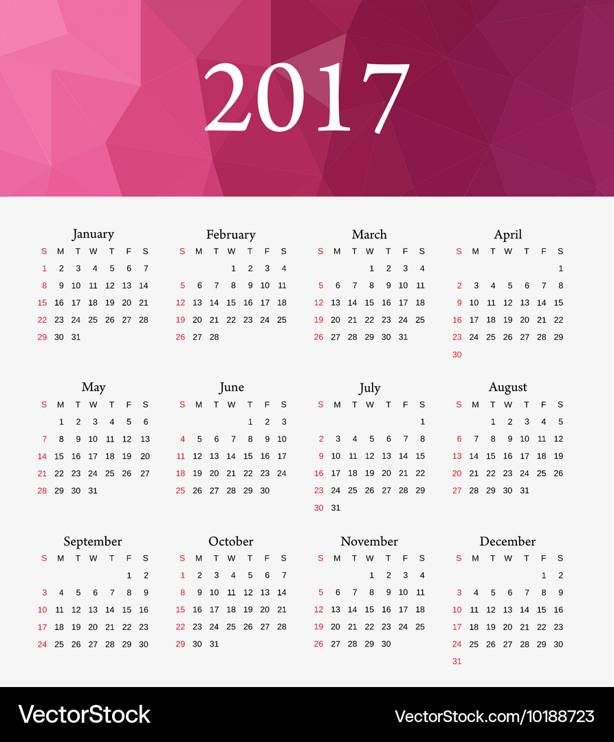 Calendar 2017 week starts from sunday Royalty Free Vector