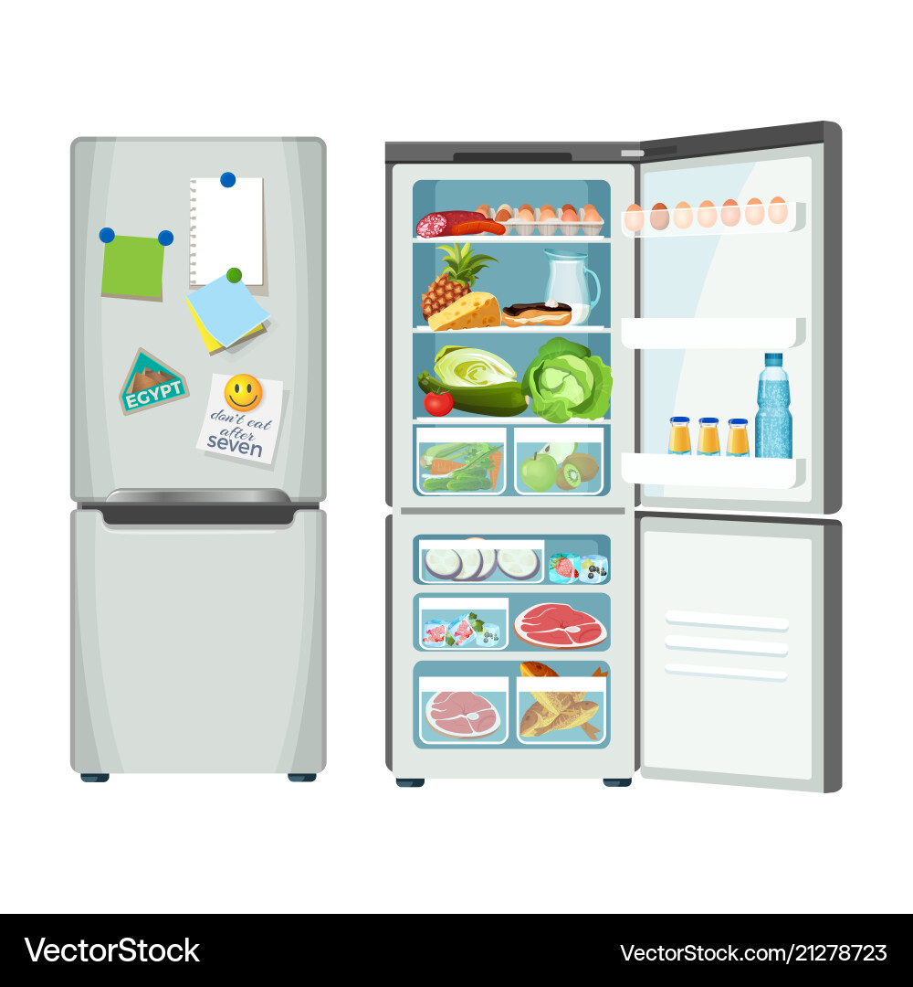 Modern fridge with different food set colorful Vector Image