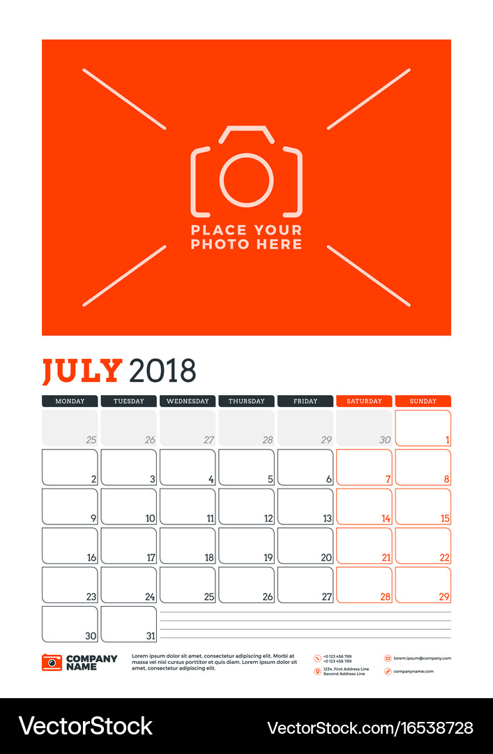 Calendar planner template for 2018 year july Vector Image