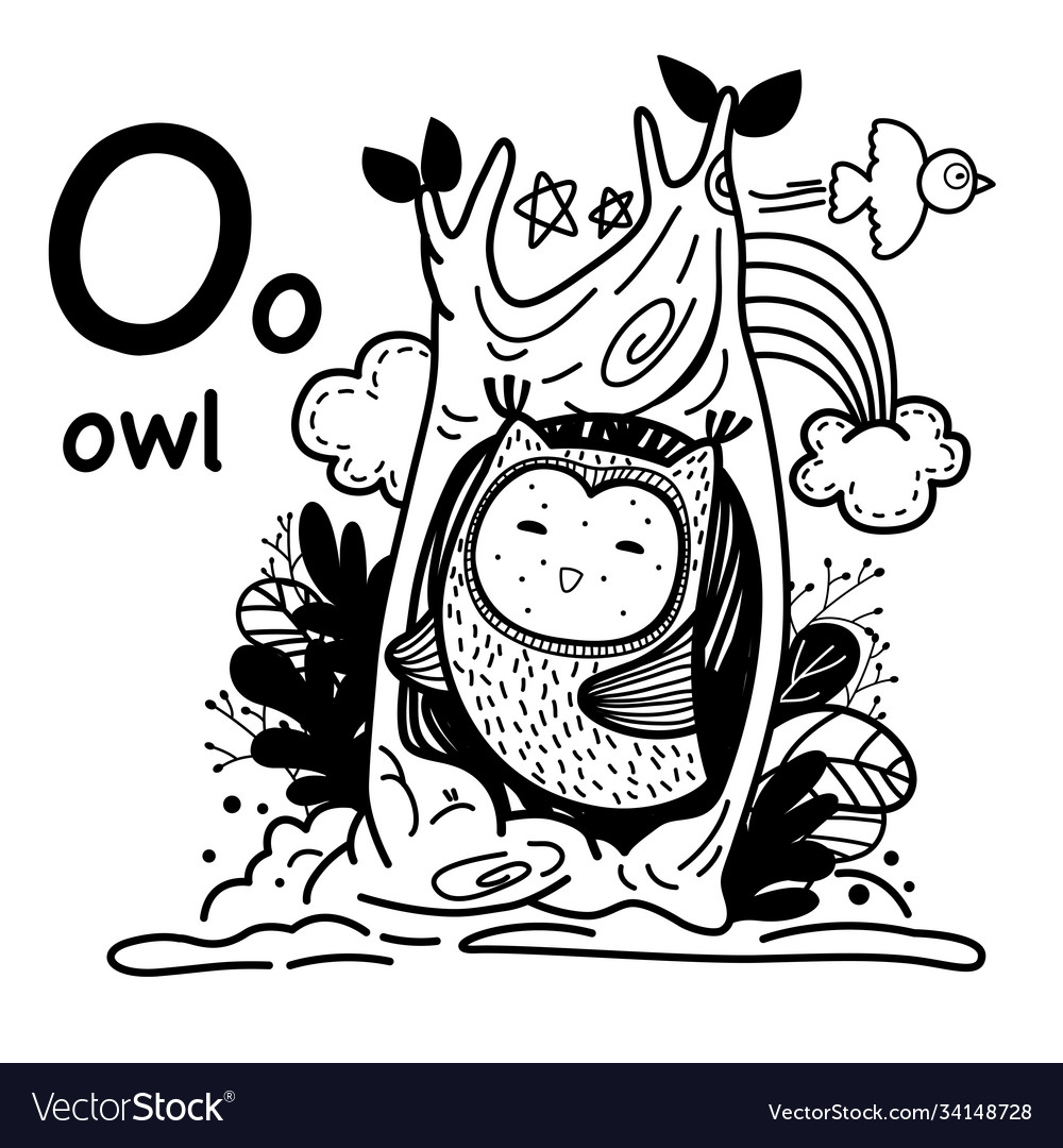 Hand drawnalphabet letter o-owl Royalty Free Vector Image
