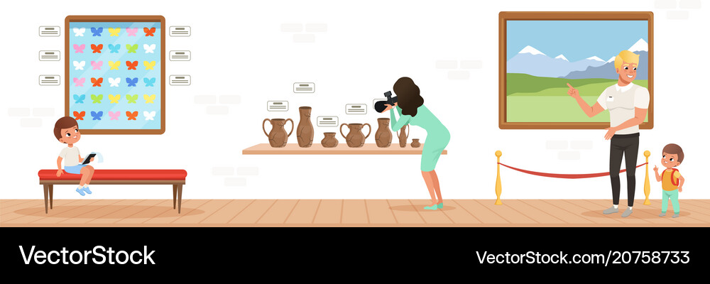 Museum visitors watching exhibits in museum Vector Image