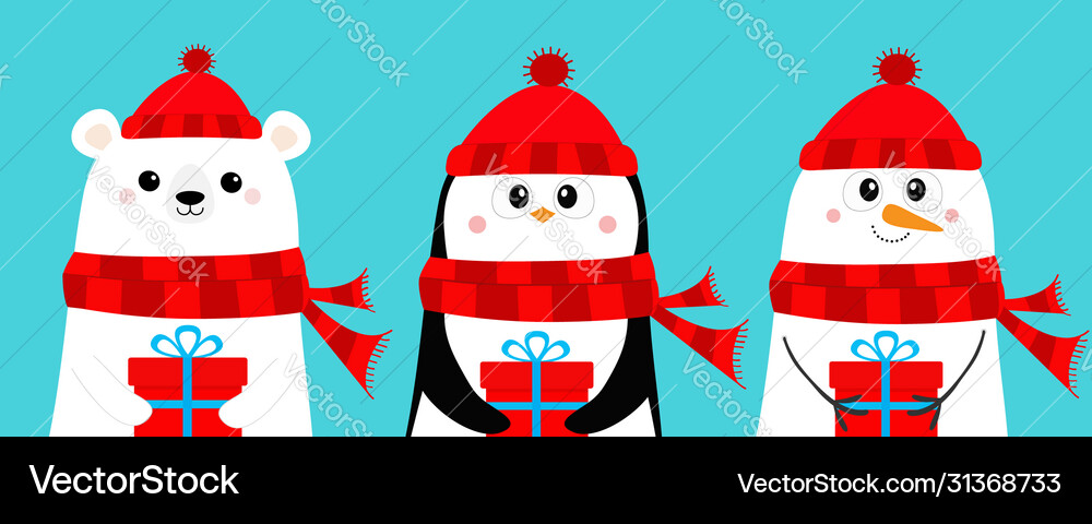 Polar white bear snowman penguin holding gift box Vector Image