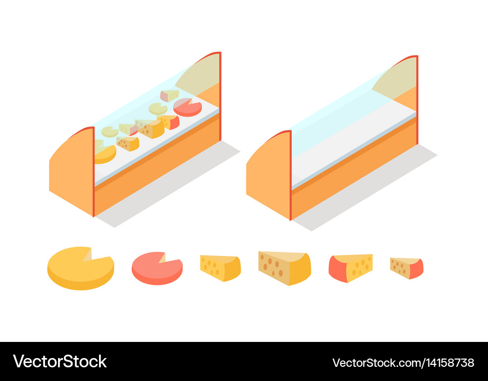 Cheese in groceries showcase isometric Royalty Free Vector