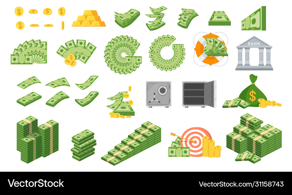 Set a various kind money flat cartoon Royalty Free Vector