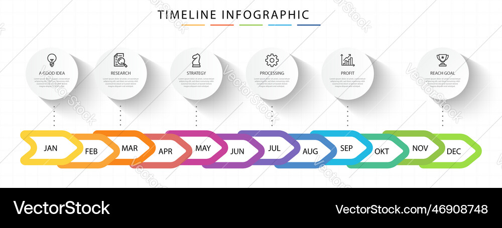 12 months timeline infographic design with 6 steps