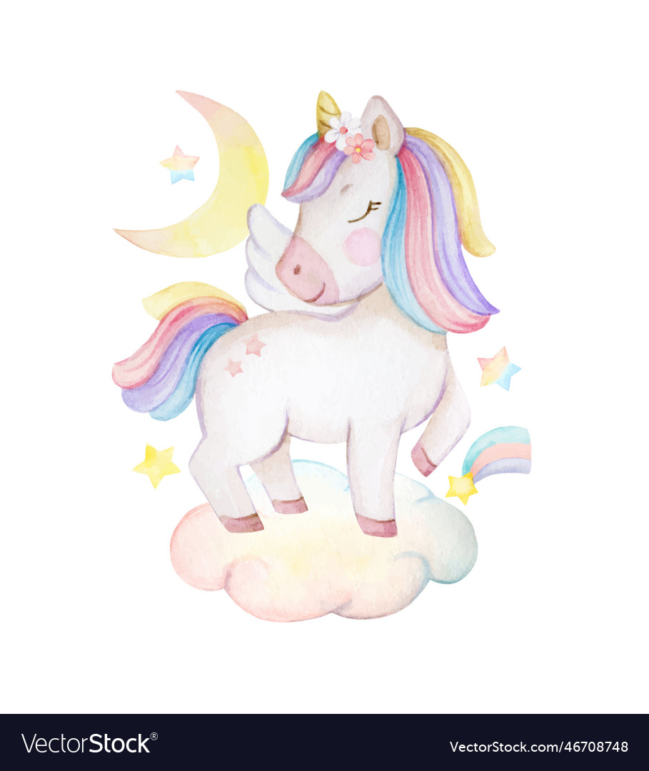 A watercolor unicorn stands on rainbow Royalty Free Vector