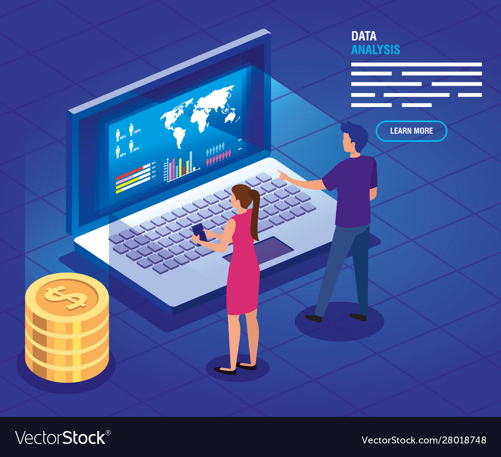 Businesswoman with laptop and data analysis Vector Image