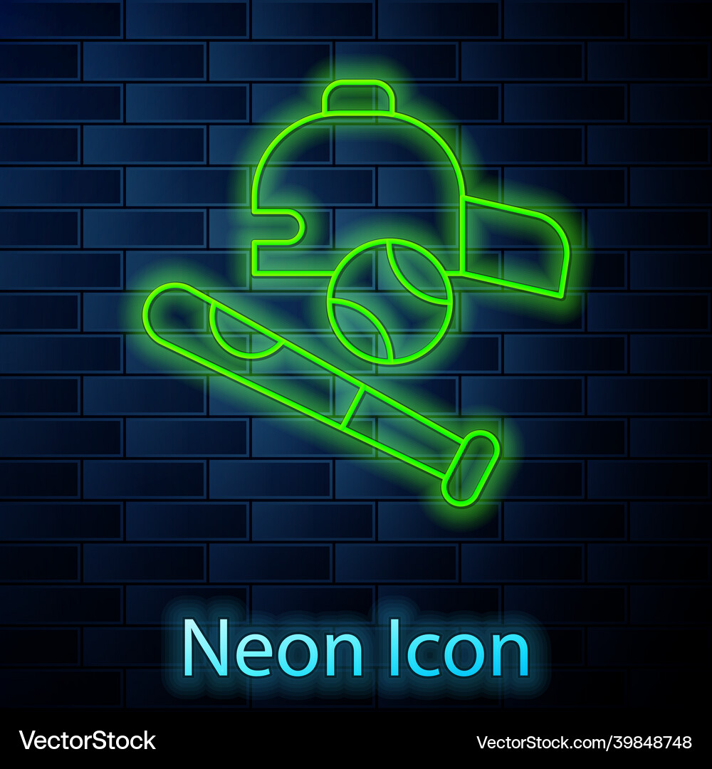 Glowing neon line baseball bat with ball hat icon Vector Image