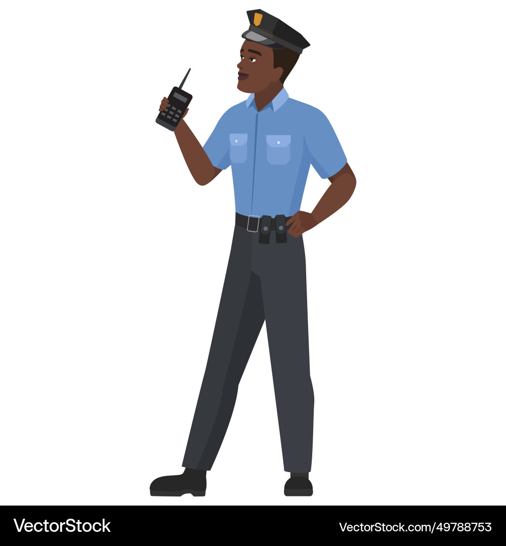 Black policeman with walkie talkie Royalty Free Vector Image