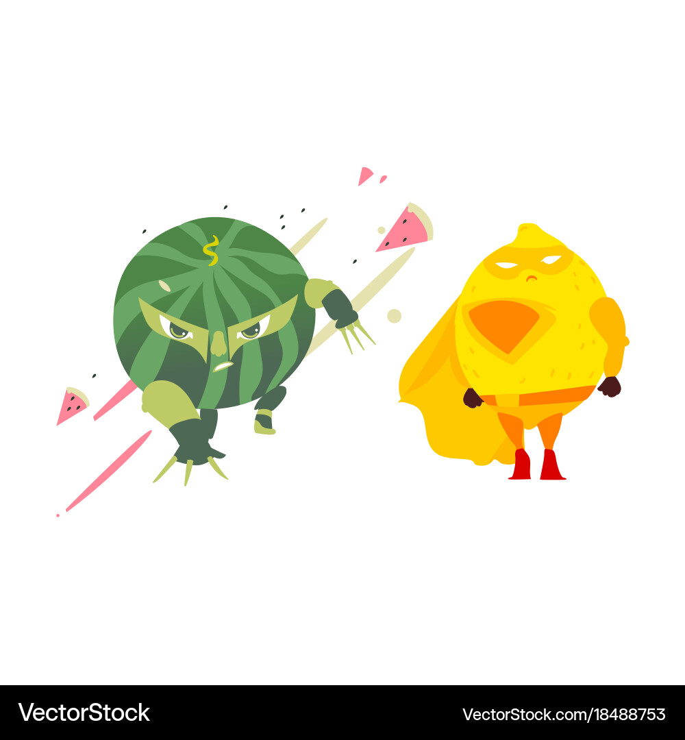 Ninja watermelon and superhero lemon character Vector Image