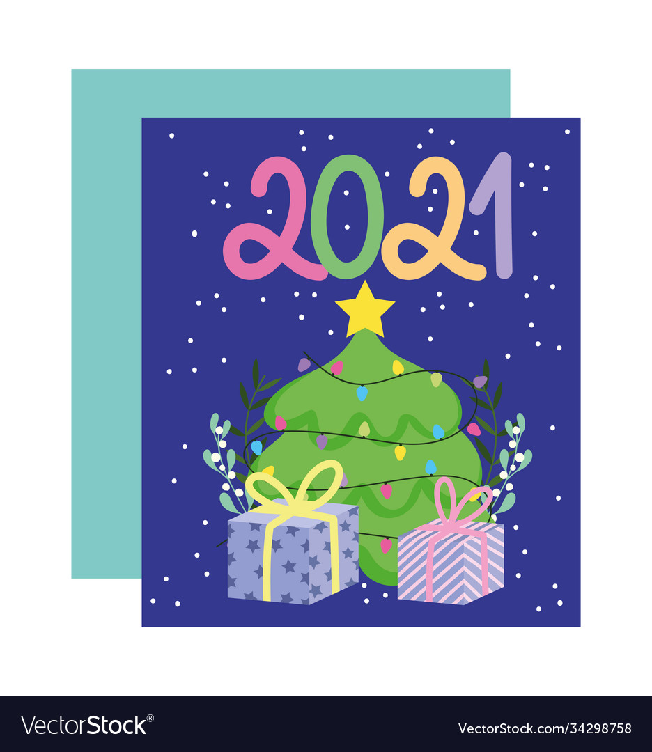 2021 happy new year color numbers with tree Vector Image
