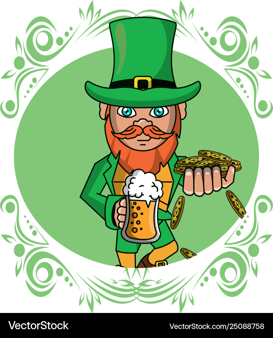 Irish elf with beer and coins Royalty Free Vector Image