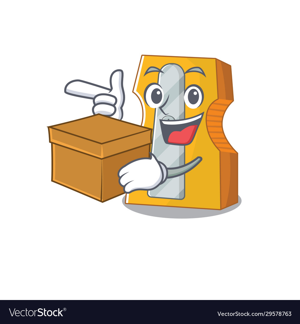 Cute pencil sharpener cartoon character having box Cute pencil sharpener cartoon character having box