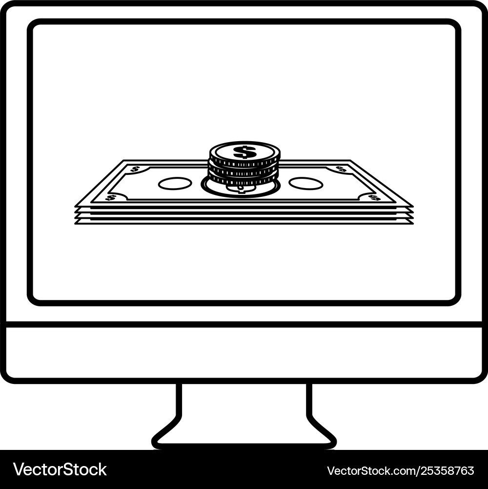 Desktop computer with coins and bills money Vector Image