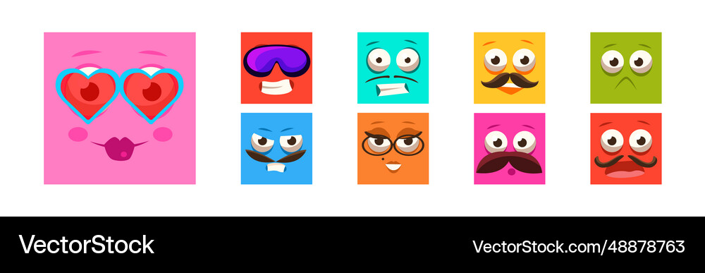 Funny colorful square emoji faces and comic Vector Image