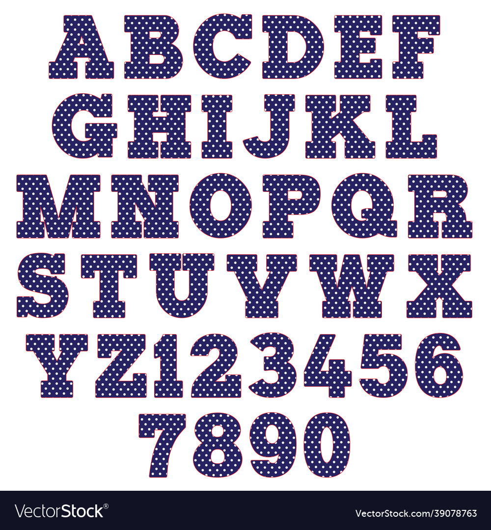 Navy blue polka dot alphabet Royalty Free Vector Image