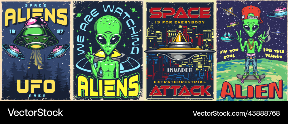 Aliens area set flyers colorful Royalty Free Vector Image