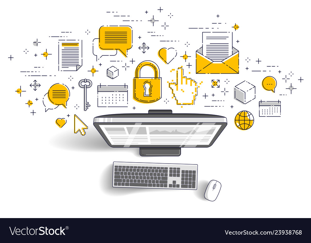 Computer with statistics infographics and set Vector Image