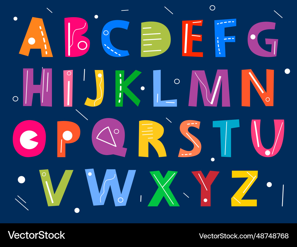 English alphabet font bright multicolored abc Vector Image