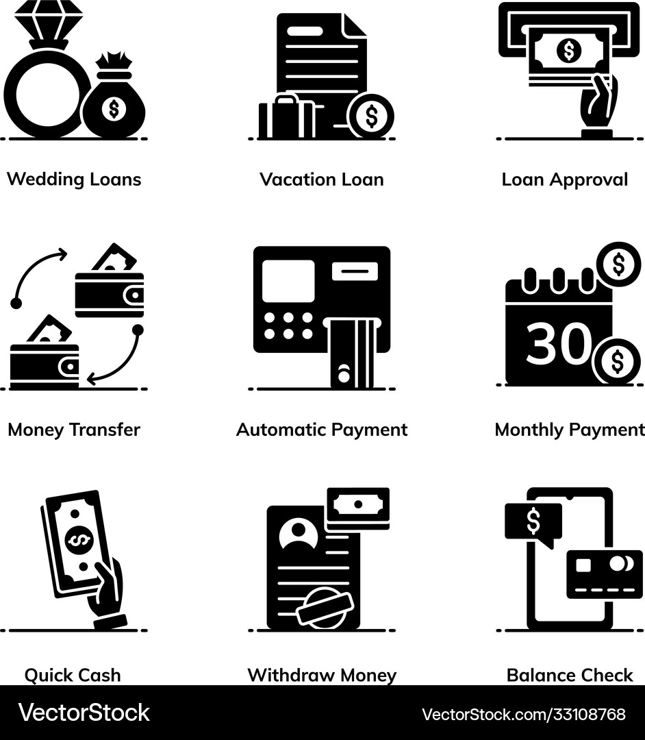 Lending money glyph icons pack Royalty Free Vector Image