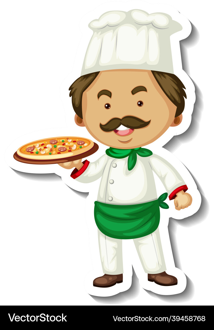 Sticker template with a chef man holds pizza tray Vector Image