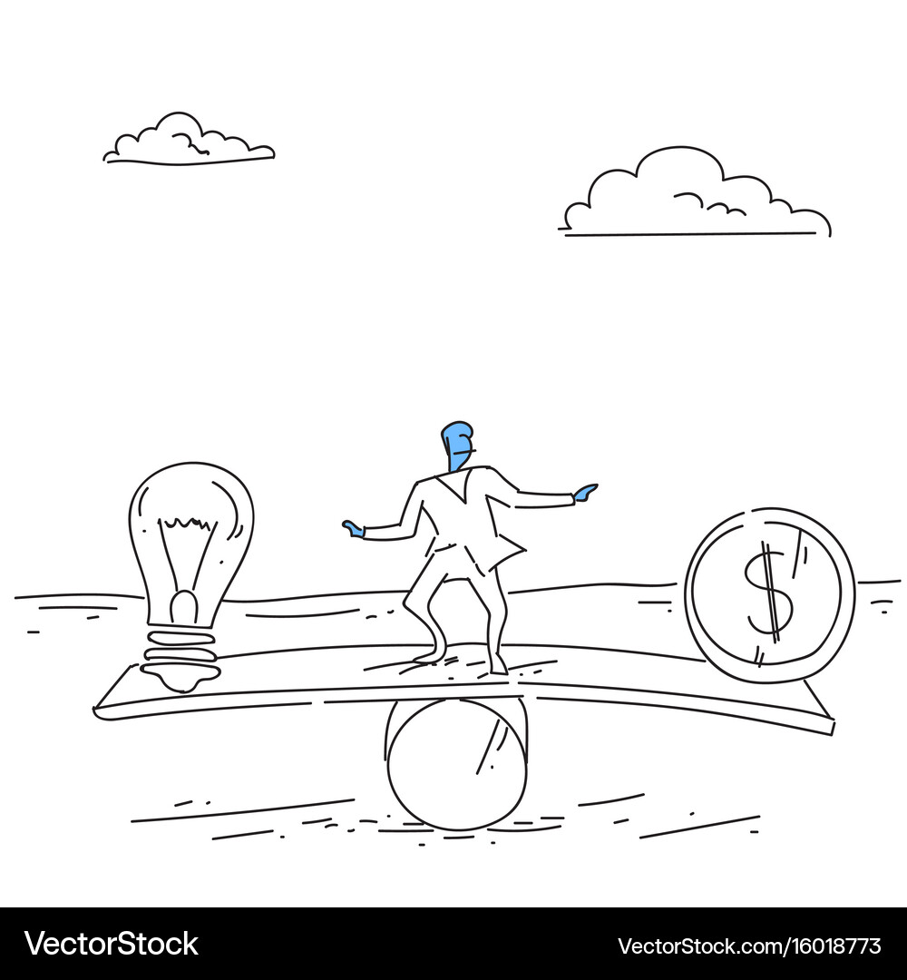 Businessman balancing between money and light bulb