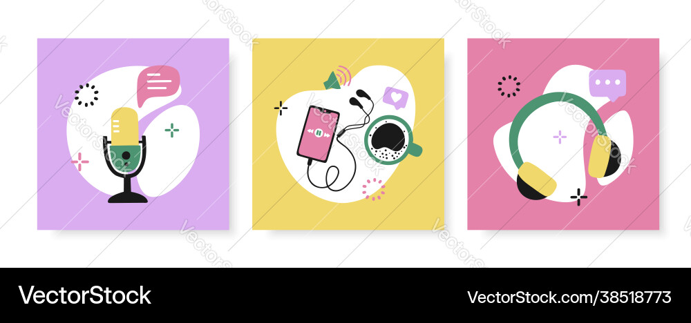 Podcast covers collection microphone headphones Vector Image