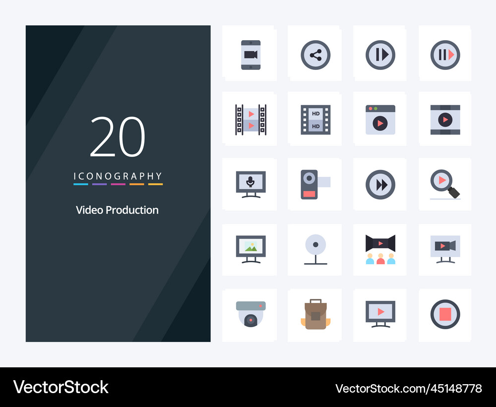 20 video production flat color icon Royalty Free Vector