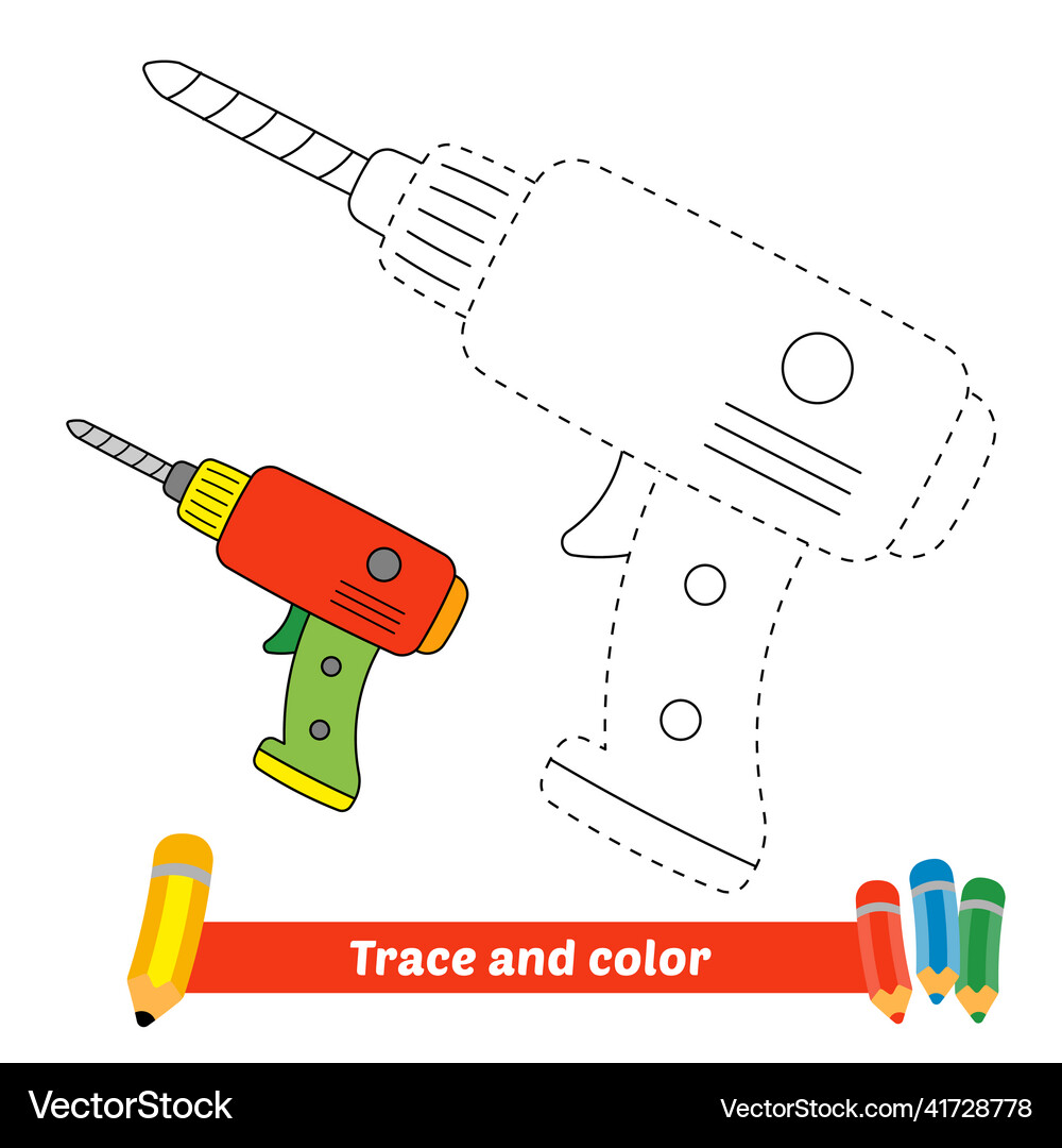 Trace and color for kids drill Royalty Free Vector Image