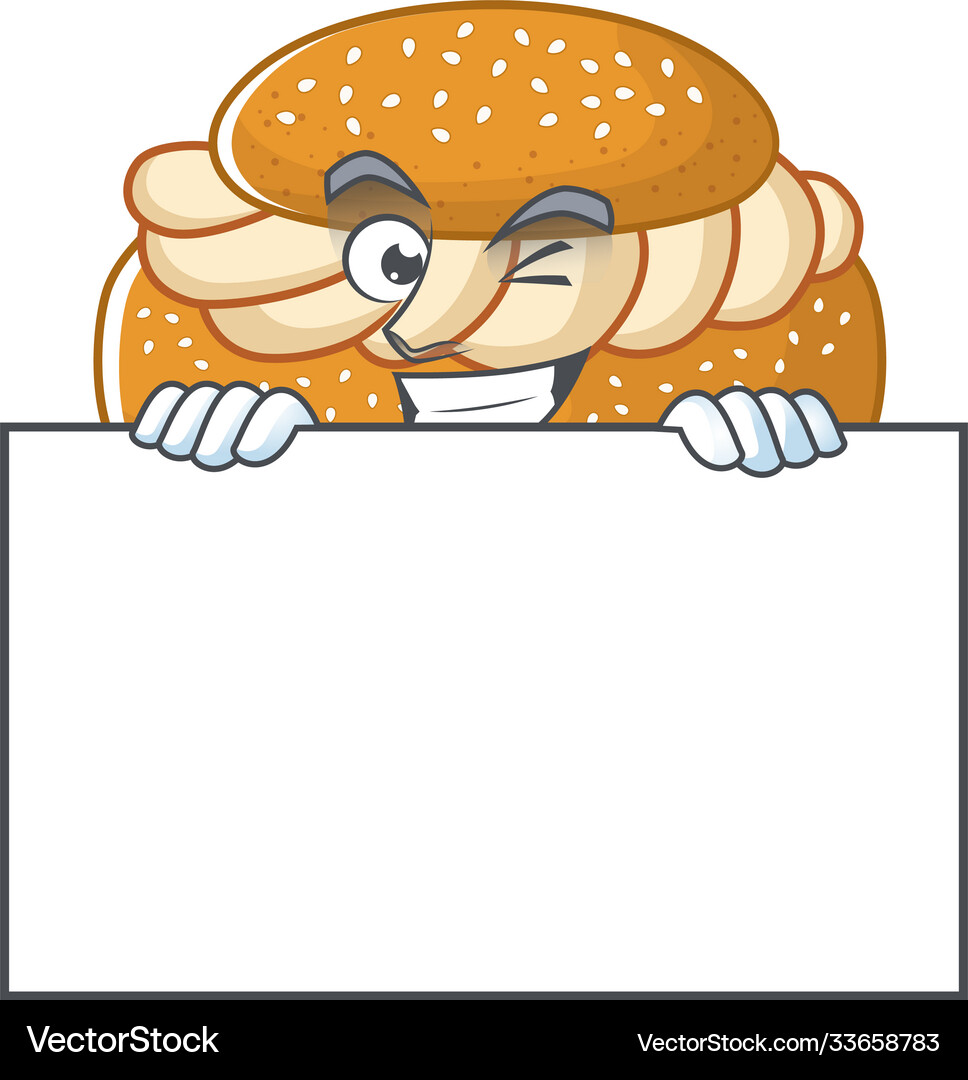 Cheerful semla cartoon character has a board Vector Image