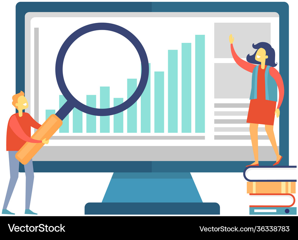 Man with magnifier showing diagrams on Royalty Free Vector