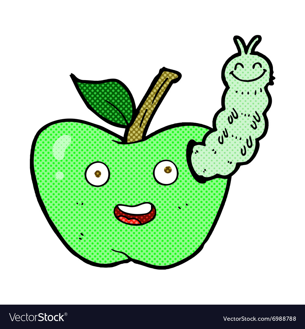 Comic cartoon apple with bug Royalty Free Vector Image