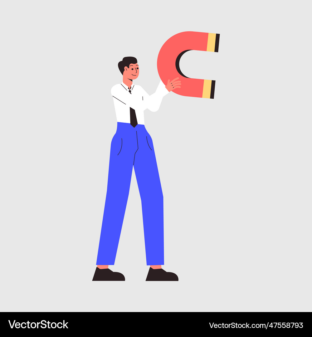 Business man character standing with magnet Vector Image
