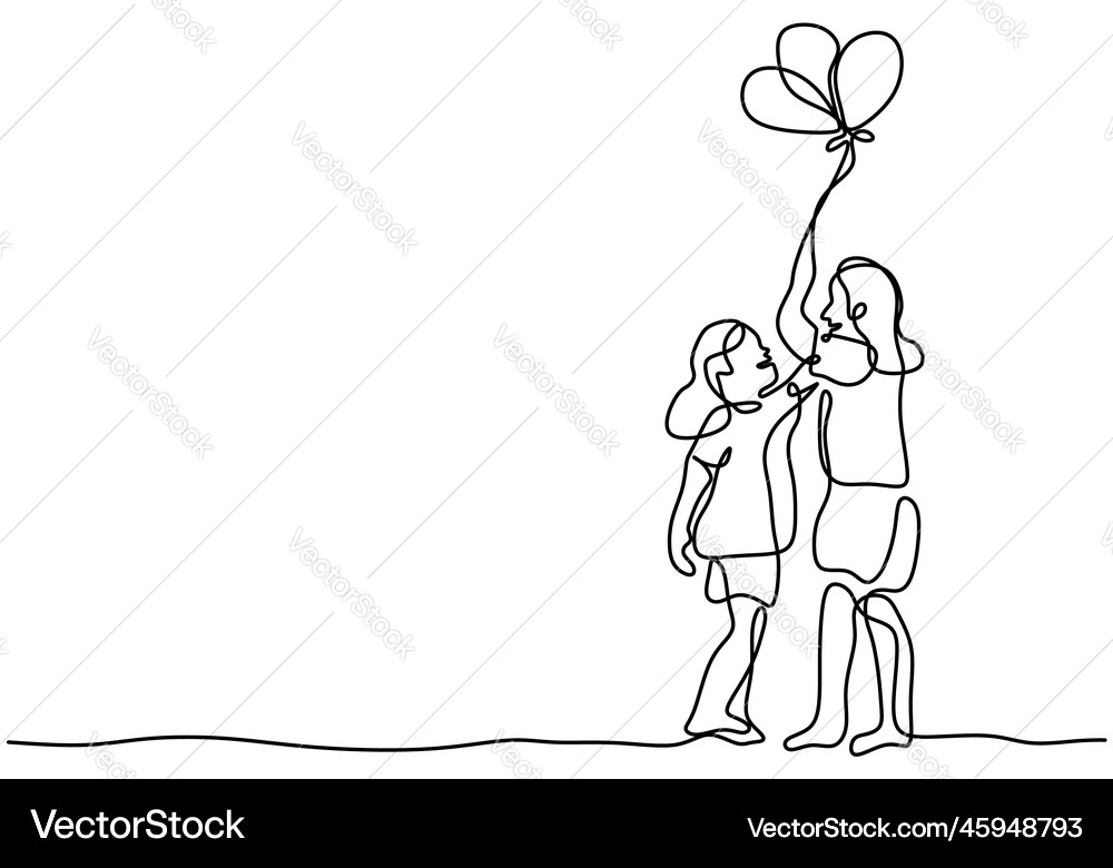 Continuous line drawing of two children playing Vector Image