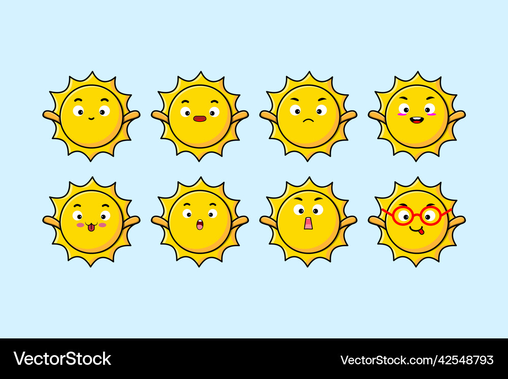 Set kawaii sun cartoon with different expressions Vector Image