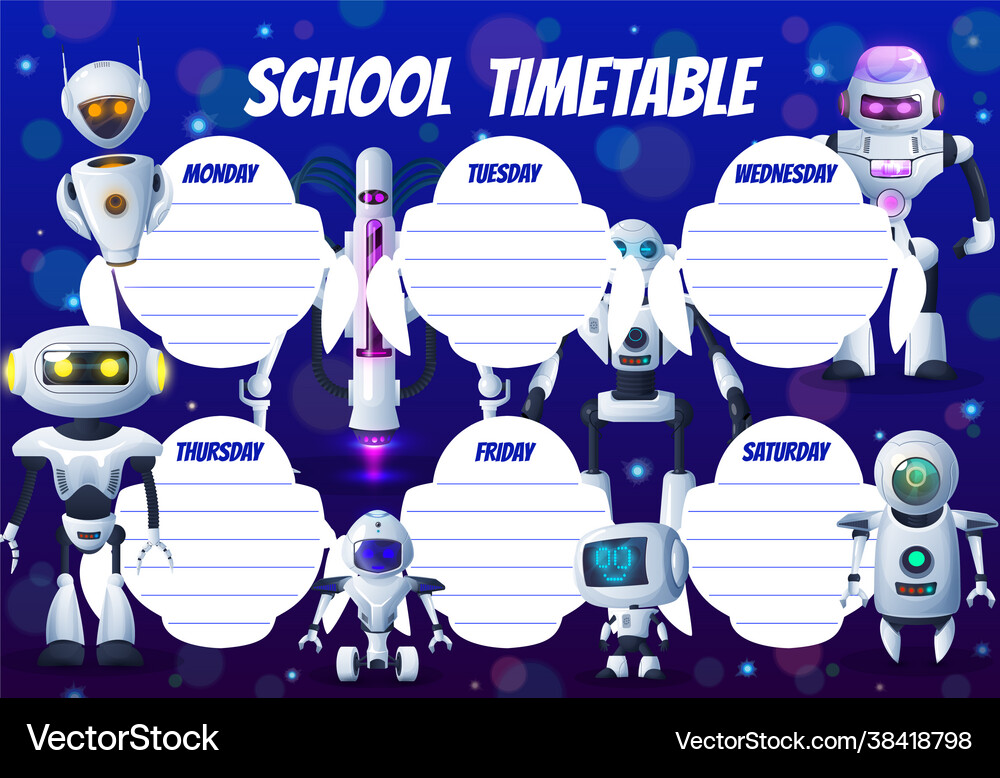 Cartoon robots kids education timetable schedule Vector Image