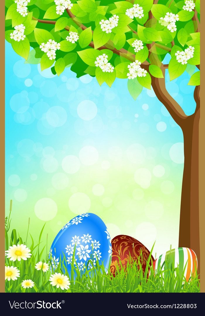 Green tree background with easter eggs Royalty Free Vector