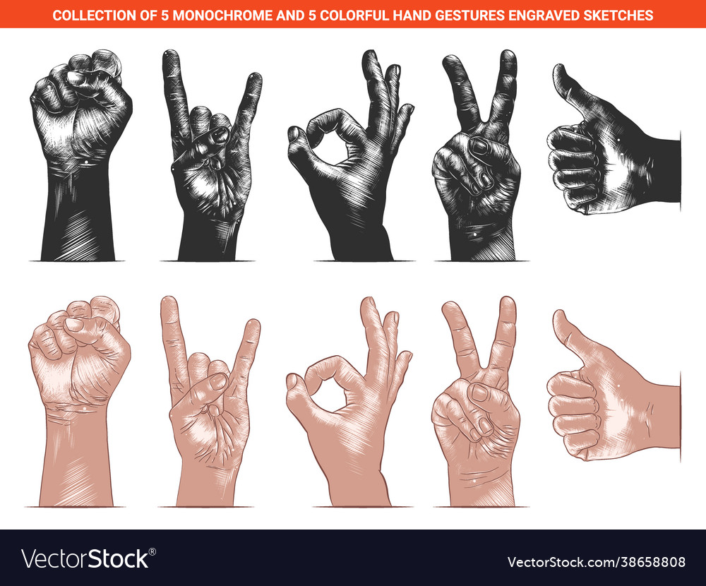 Engraved style hand gestures collection Royalty Free Vector Engraved style hand gestures collection Royalty Free Vector